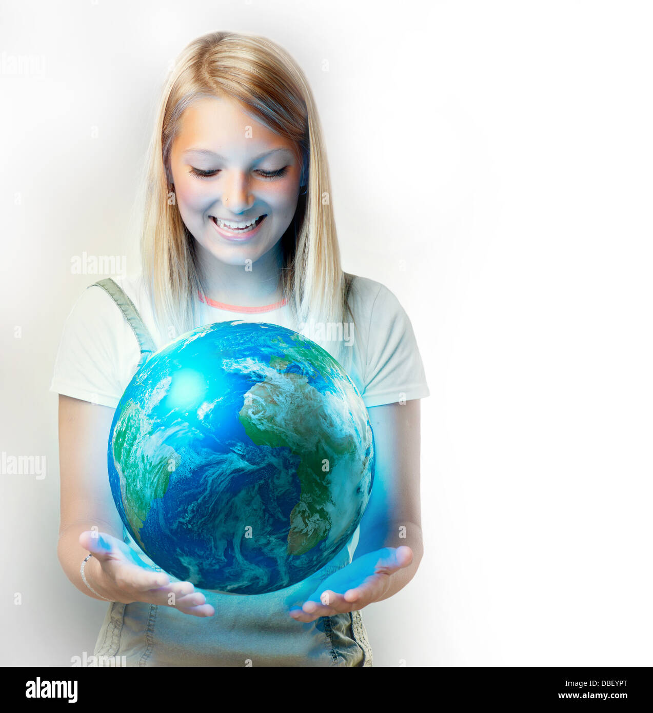 Girl holding the Planet Earth Stock Photo - Alamy