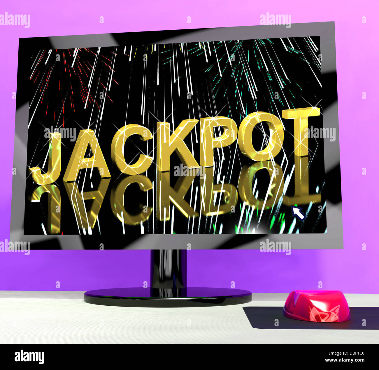 Jackpot Word With Fireworks On Computer Showing Winning Stock Photo - Alamy