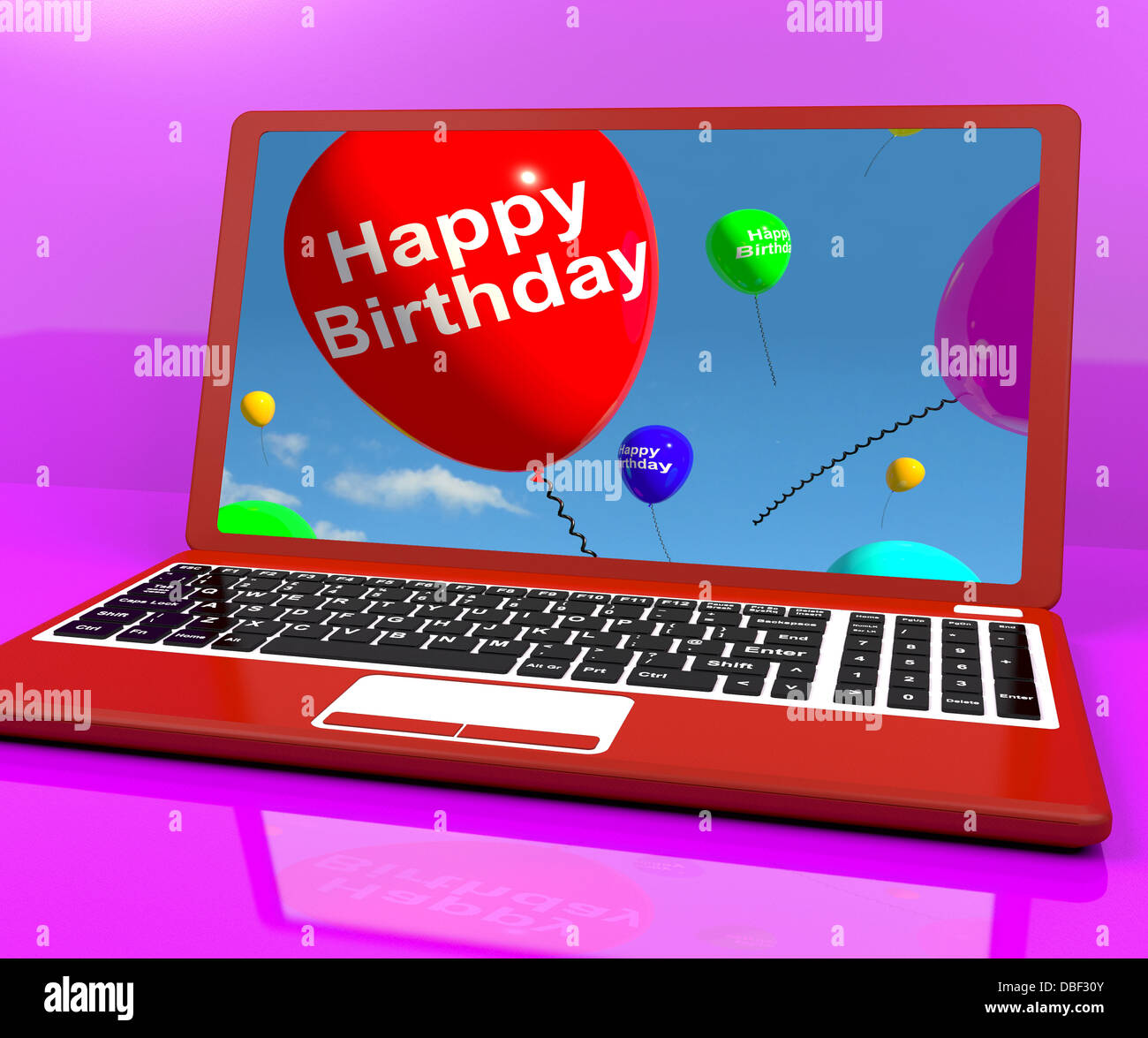 Happy Birthday Balloons On Laptop Computer Screen Showing Online Stock ...