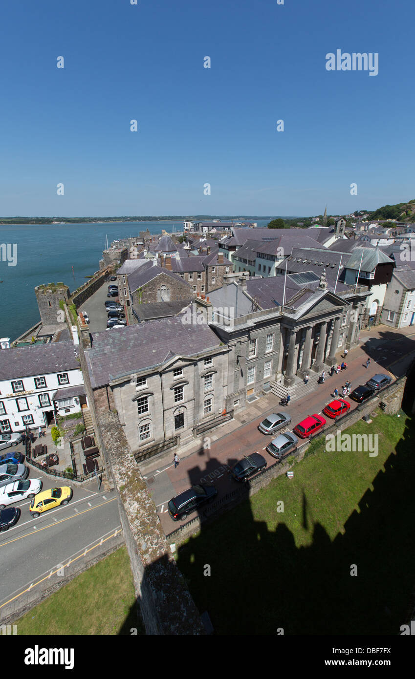 Town of Caernarfon, Wales. Elevated view of Caernarfon’s Castle Ditch ...