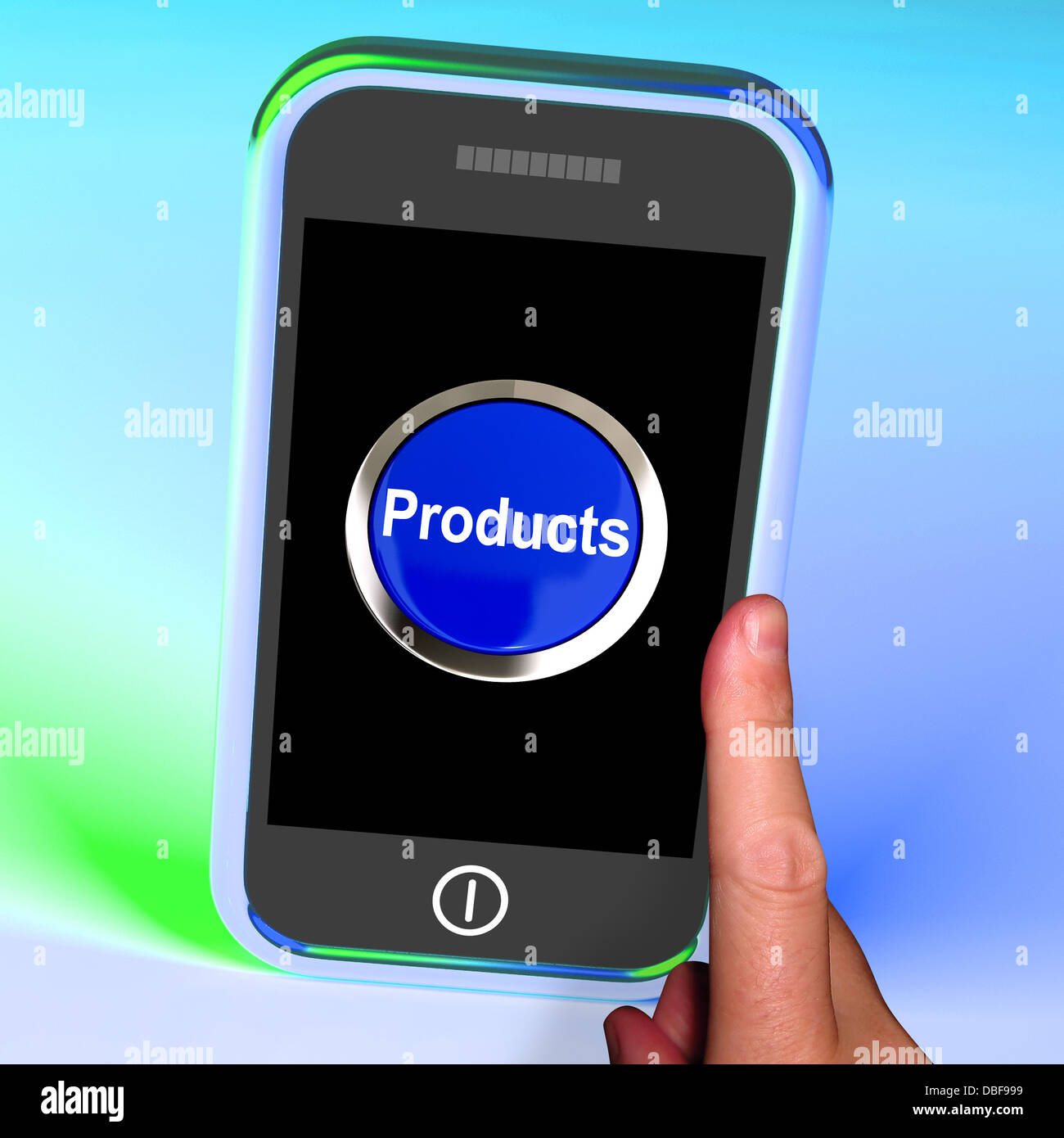 Products Button On Mobile Shows Internet Shopping Goods Stock Photo - Alamy