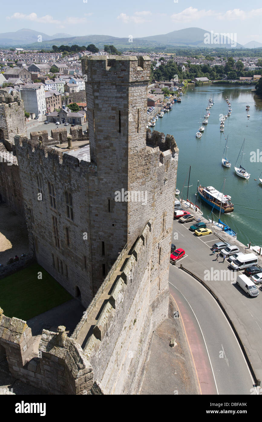 Town of Caernarfon, Wales. Elevated view of the River Seiont with ...