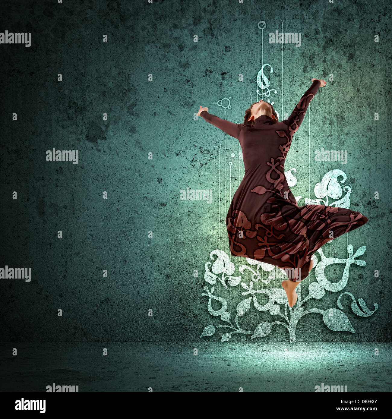 Girl in color dress dancing.Collage Stock Photo - Alamy