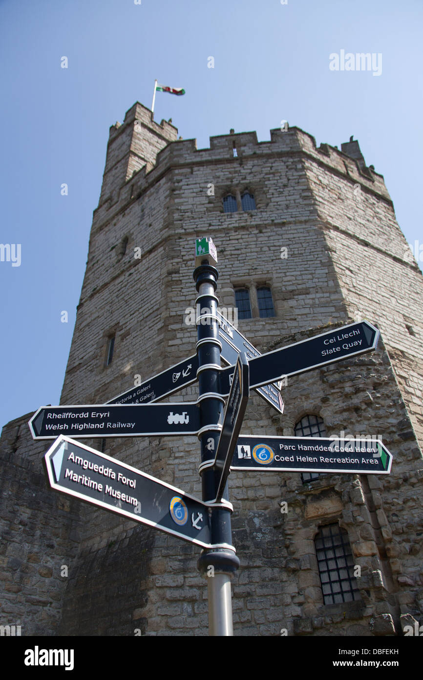 Town of Caernarfon, Wales. Visitors direction sign at Castle Hill ...