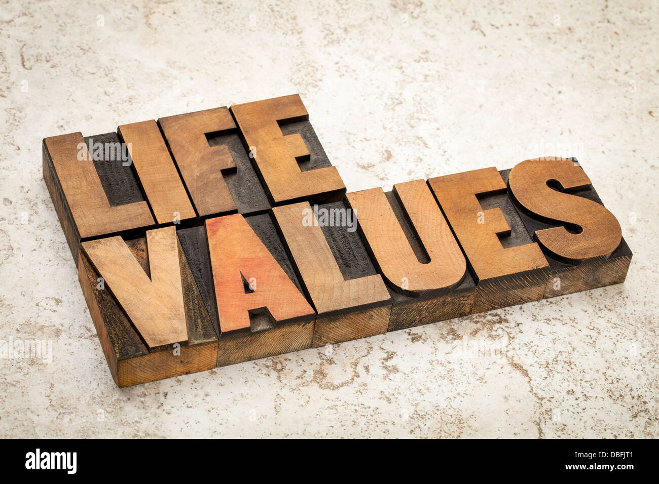 life values words in vintage letterpress wood type on a ceramic tile ...
