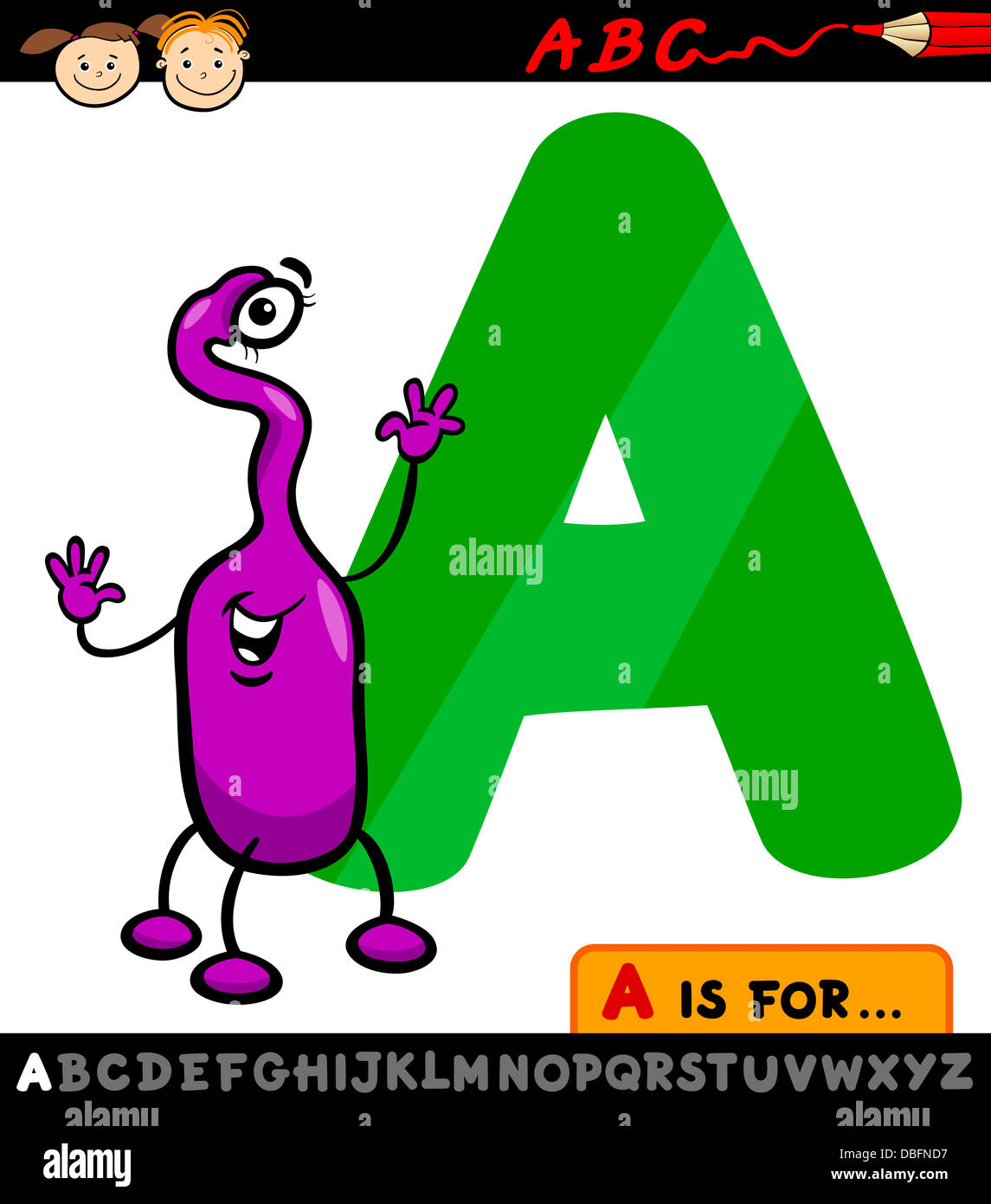 Cartoon Illustration of Capital Letter A from Alphabet with Alien for ...