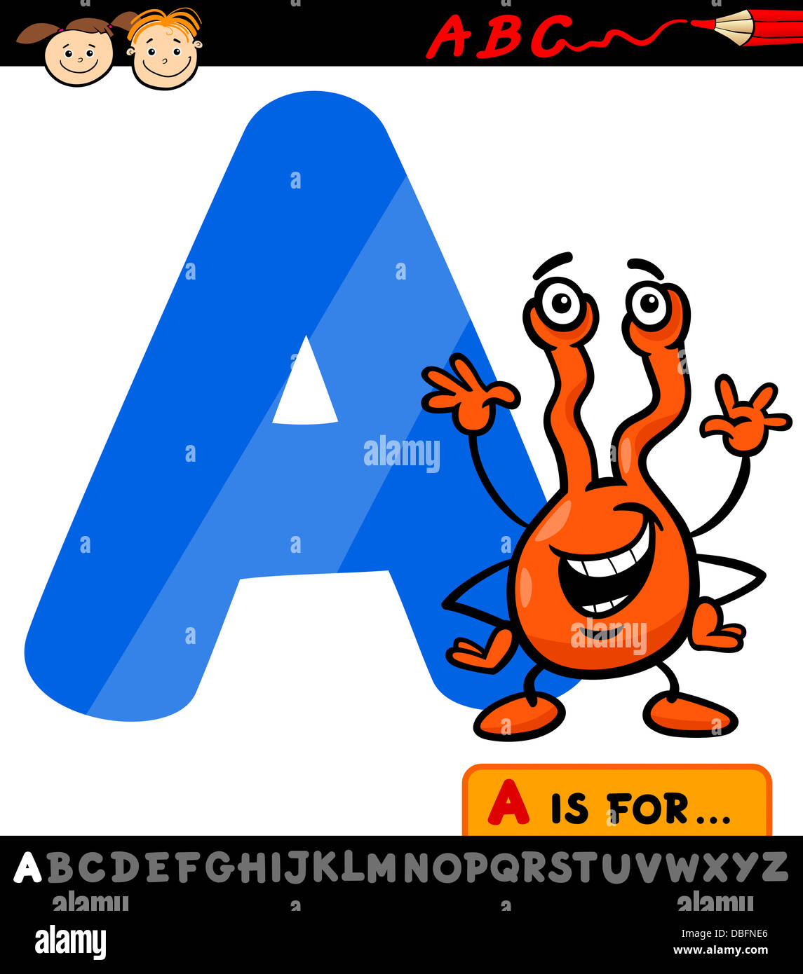 Cartoon Illustration of Capital Letter A from Alphabet with Alien for ...