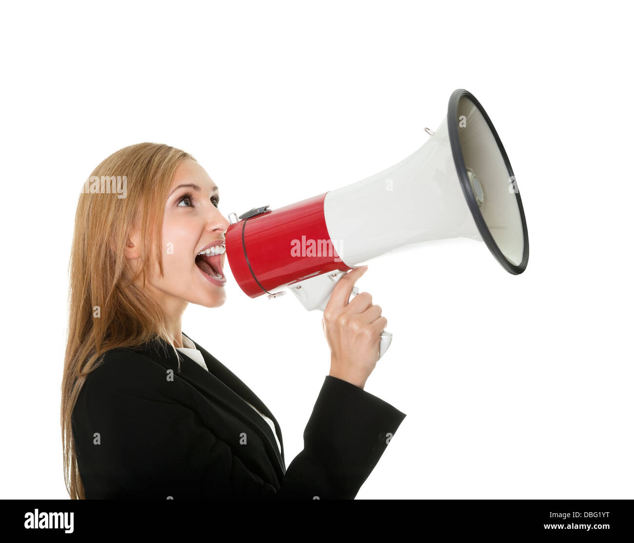 Female executive yelling through a megaphone Stock Photo - Alamy