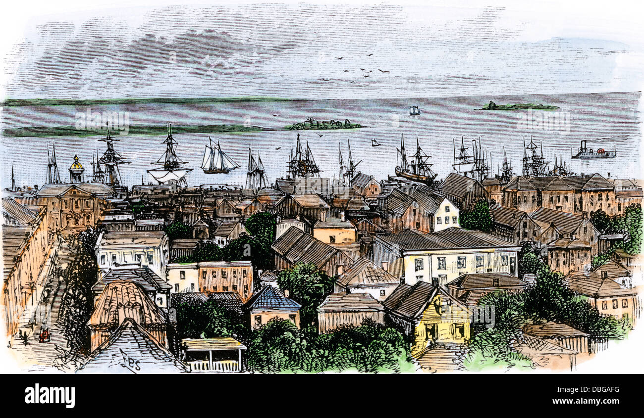 Charleston SC harbor about 1880. Hand-colored woodcut Stock Photo - Alamy