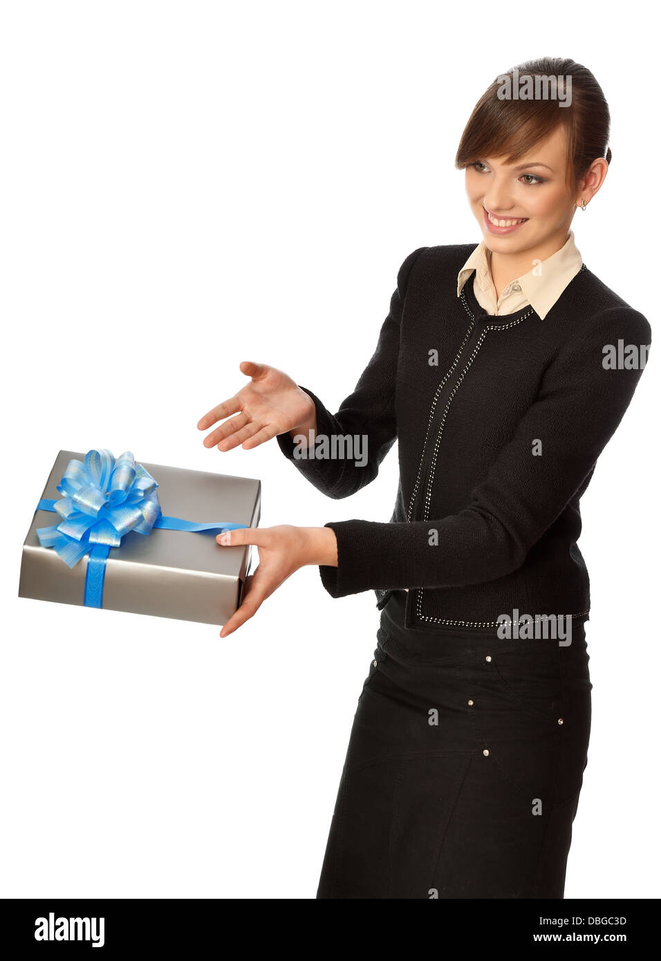 Silver box with blue bow as a present Stock Photo - Alamy