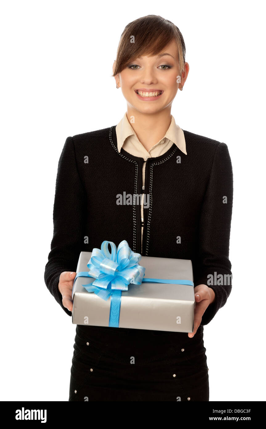 silver box with blue bow as a gift Stock Photo - Alamy