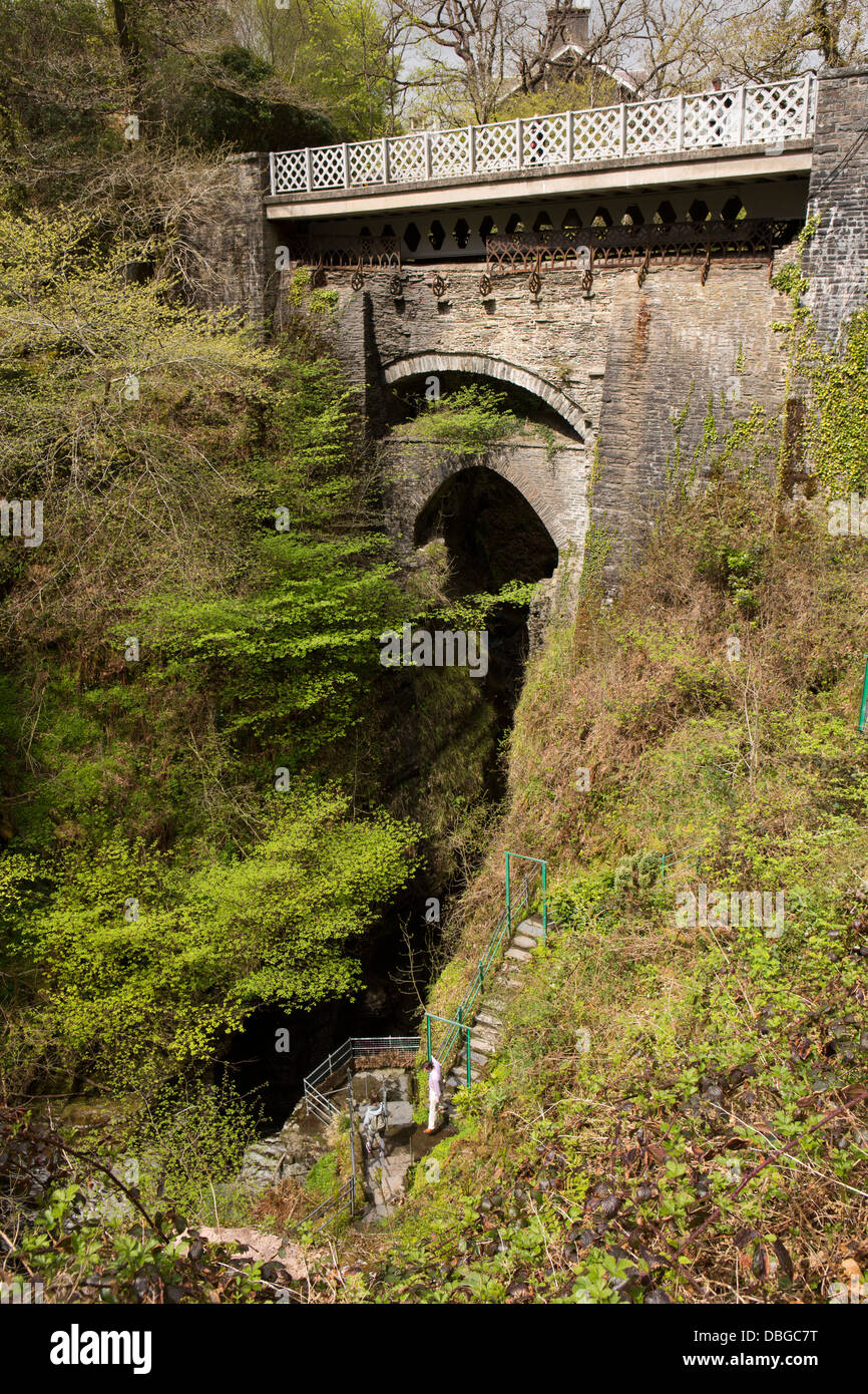 UK, Wales, Ceredigion, Devil’s Bridge, visitors at riverside viewing ...