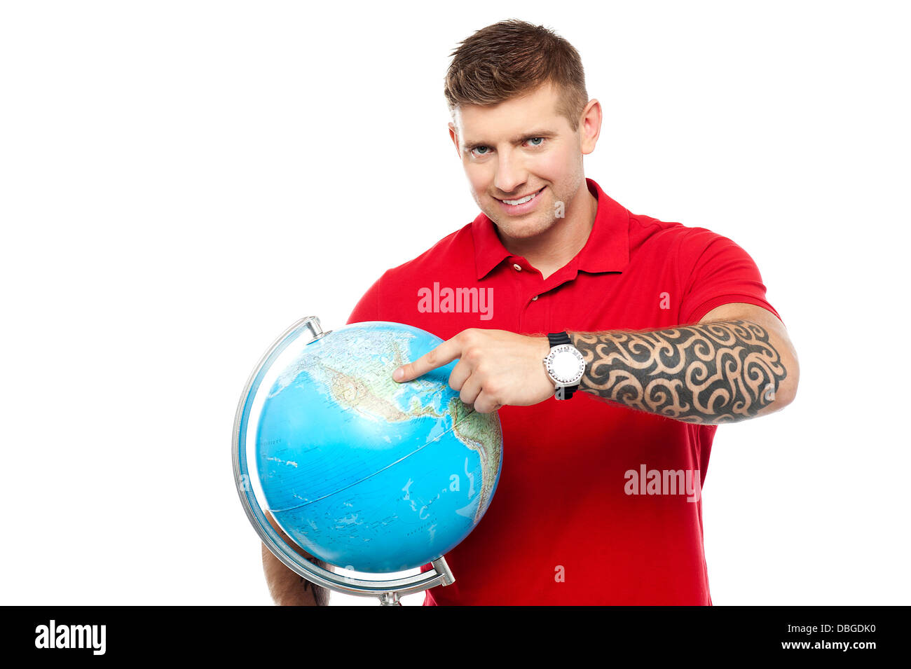 Cool guy holding and pointing at the globe Stock Photo - Alamy