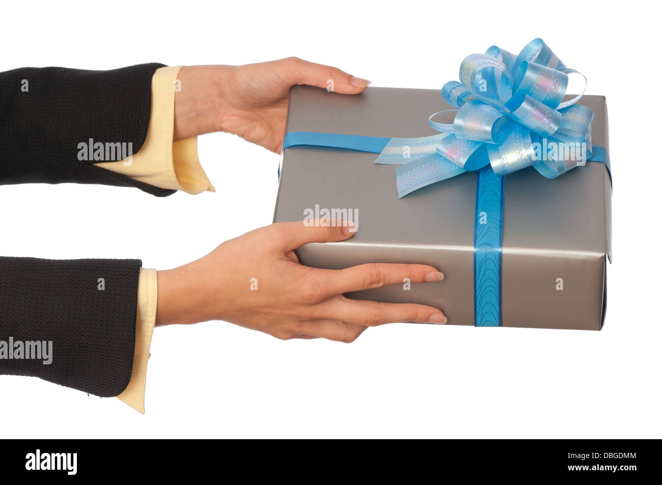 grey box with blue bow as a gift Stock Photo - Alamy