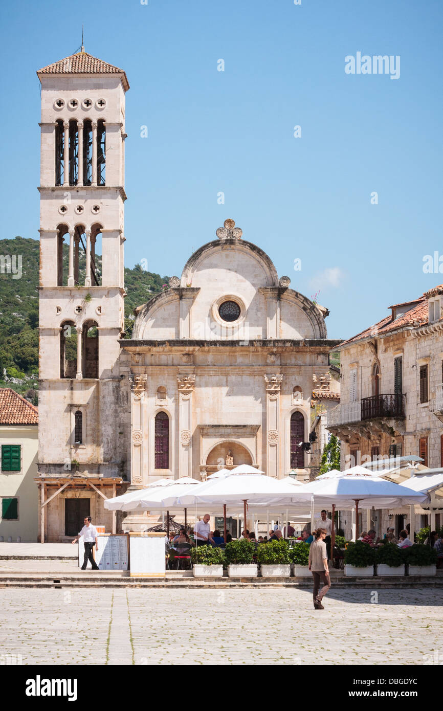 St Stephen's Cathedral and Bell Tower in Hvar Town Square. This town ...