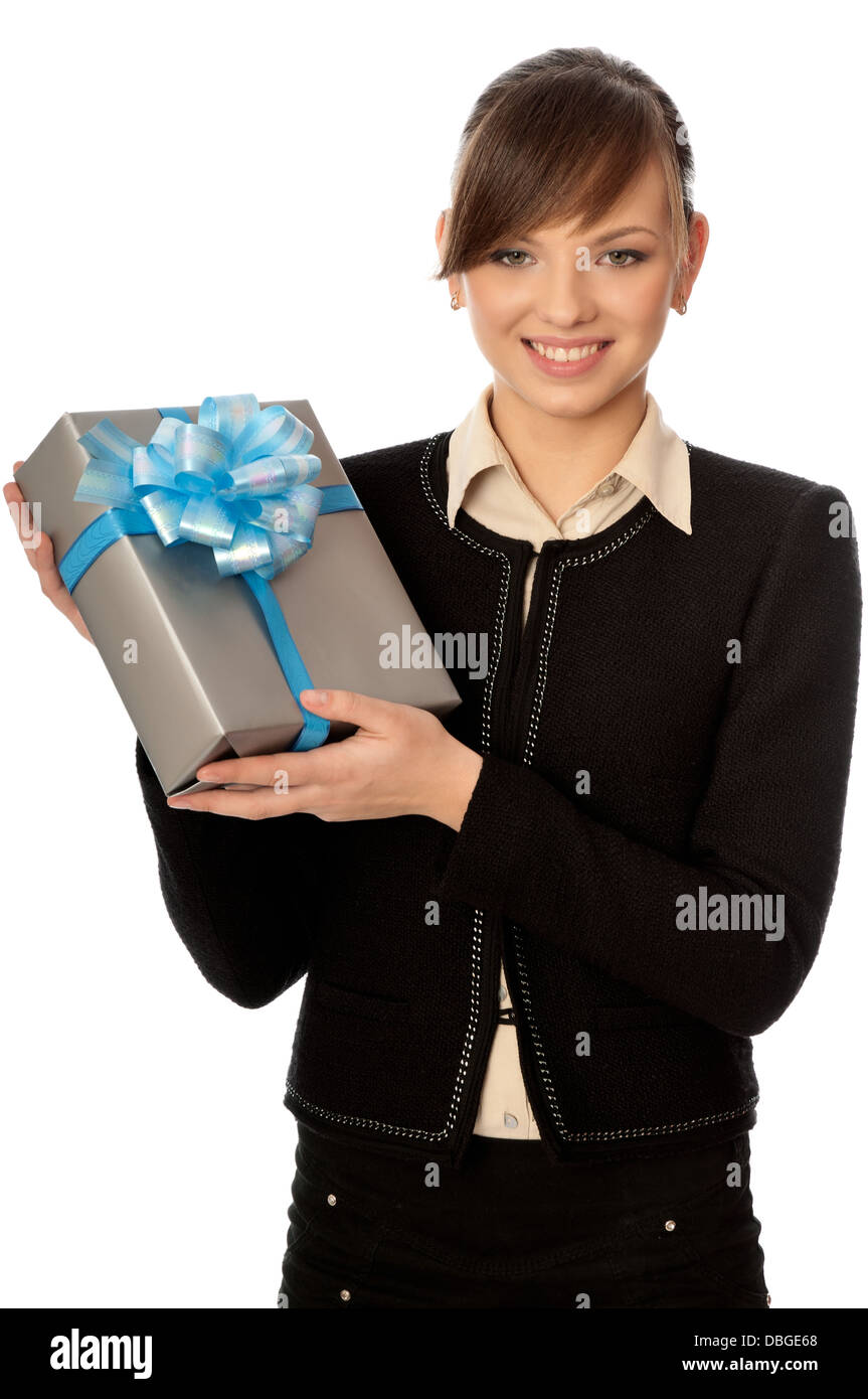 grey box with blue bow as a gift Stock Photo - Alamy