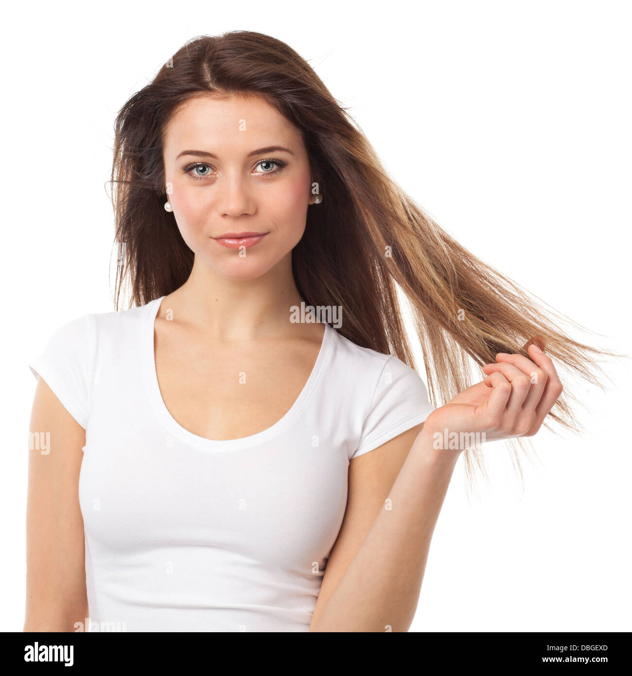 Portrait of a pretty female with long hair, isolated on white Stock ...