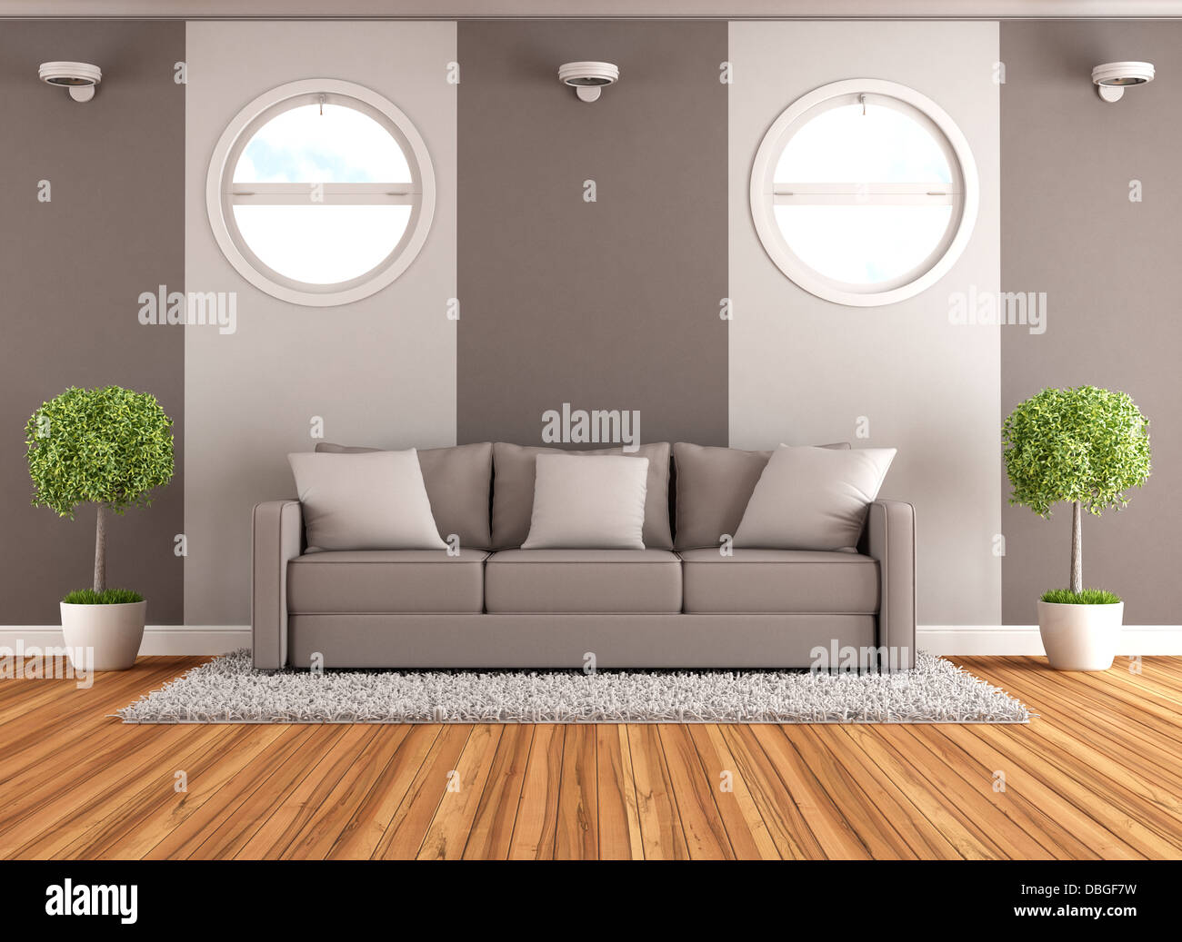 Contemporary living room with brown couch and round windows - rendering ...