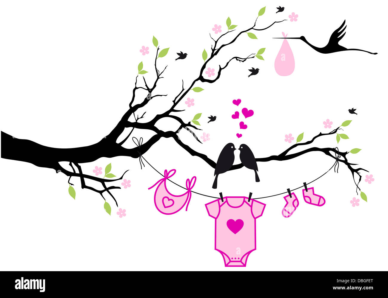 cute baby shower design with birds on tree, vector background Stock ...