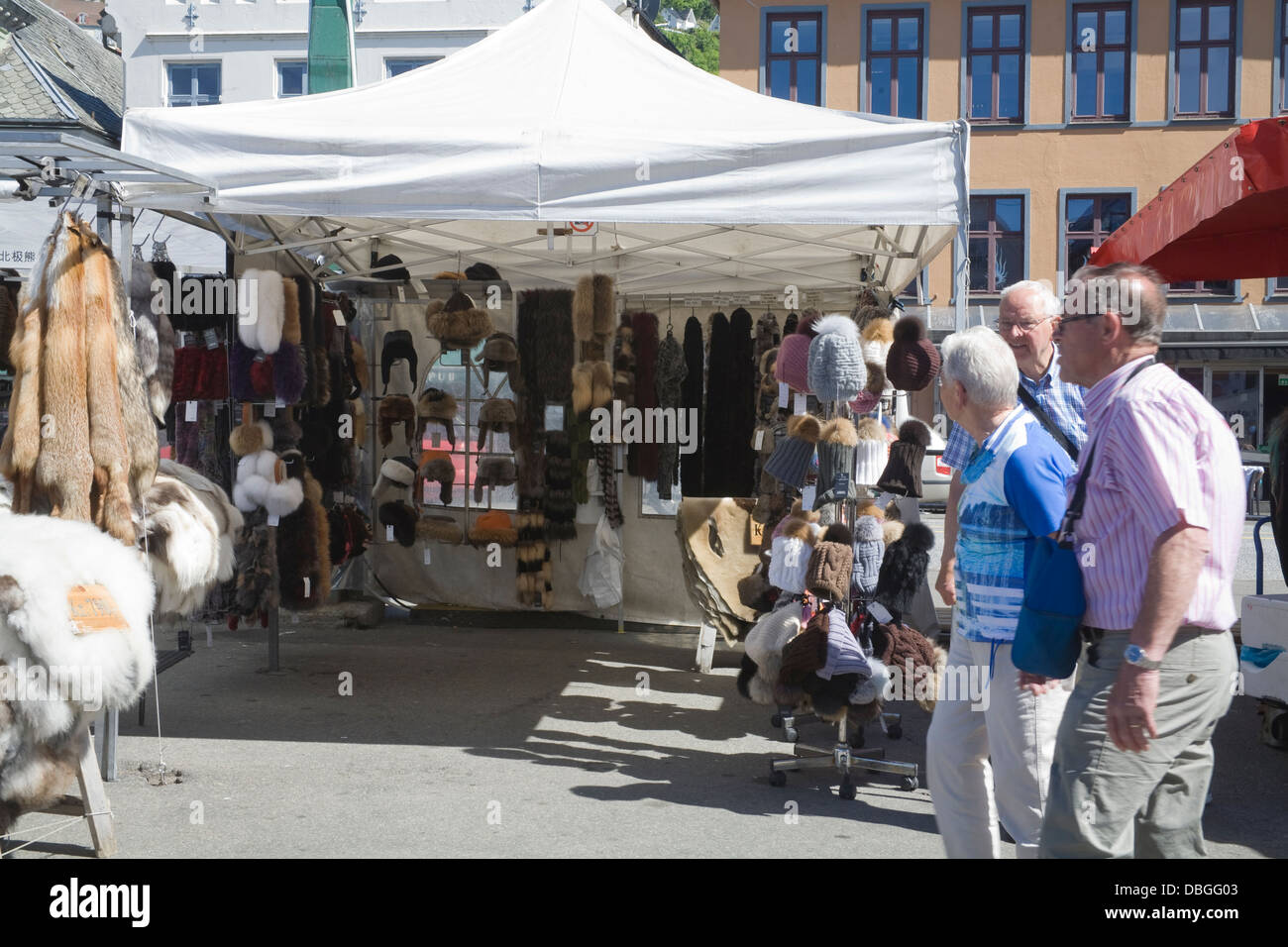 Bergen Norway Europe Market stall on Torget selling selection of hats ...