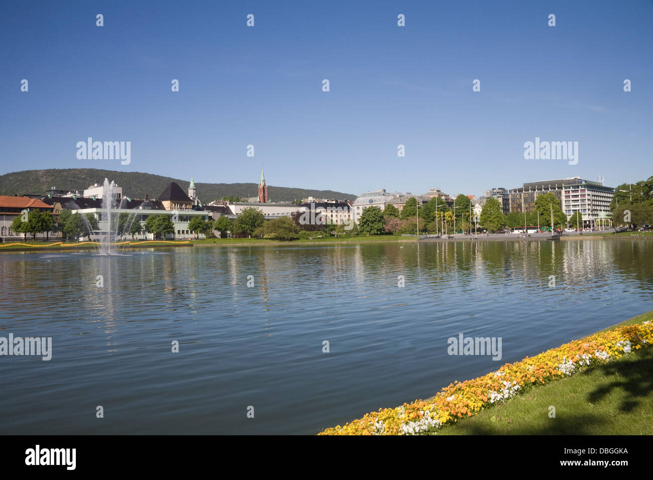 Bergen Norway Europe View over the lovely Lille Lungegardsvann city ...