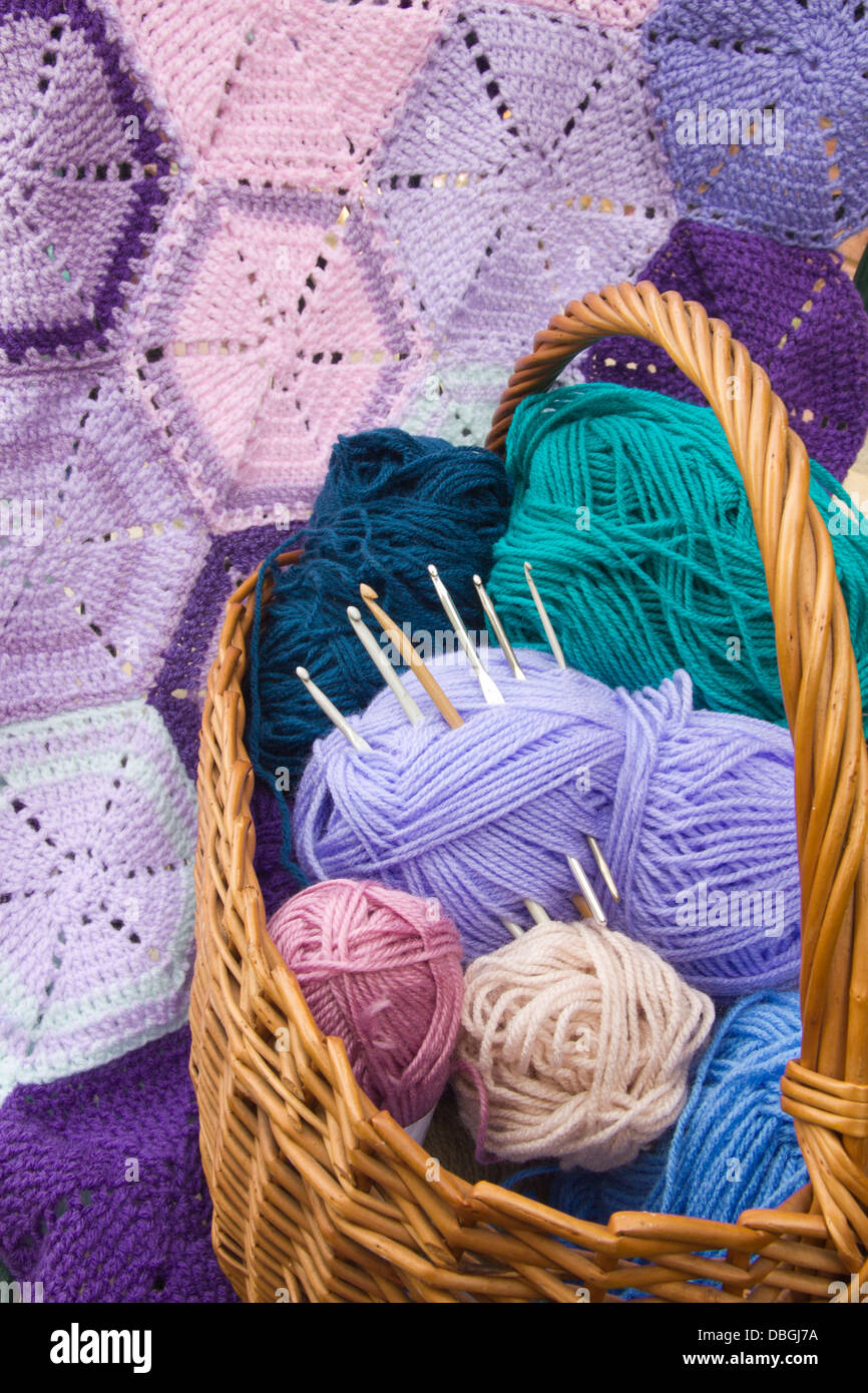 Hexagons of Crochet Work with basket of wools and hooks Stock Photo - Alamy