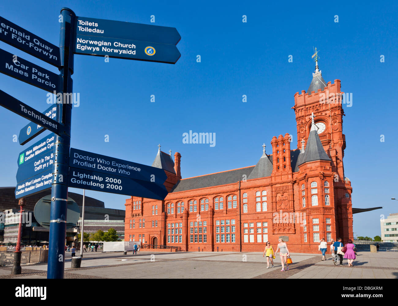 The restored Pierhead building in Cardiff Bay with tourist signpost ...
