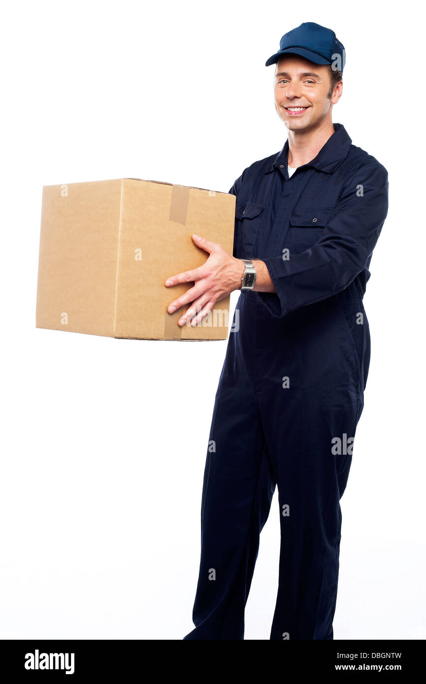 Worker unloading and loading carton Stock Photo - Alamy