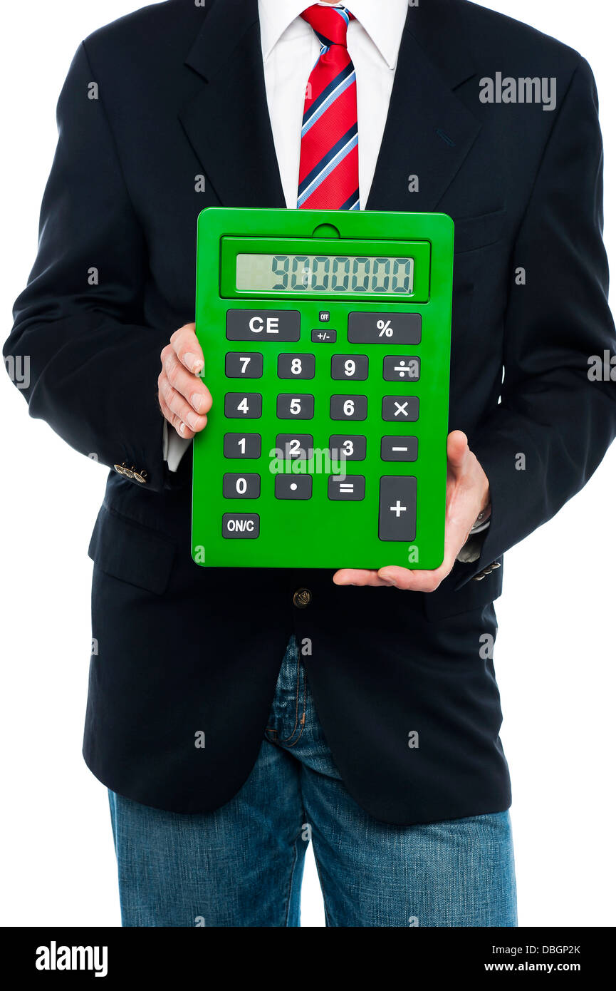 Cropped image of business guy holding calculator Stock Photo - Alamy