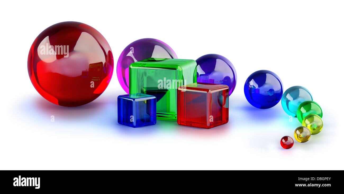 glass cubes and colorful marble balls Stock Photo - Alamy