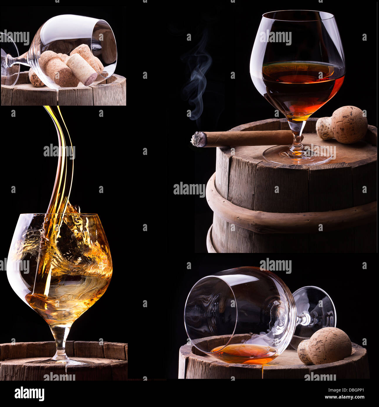 Cognac and Cigar on black background with wooden vintage barrel collage ...