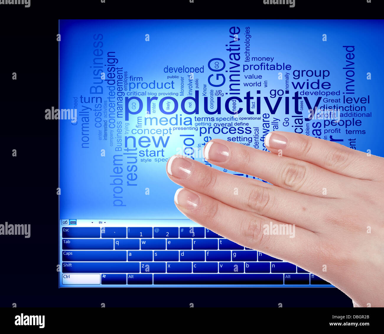 Finger touching a blue computer screen Stock Photo - Alamy