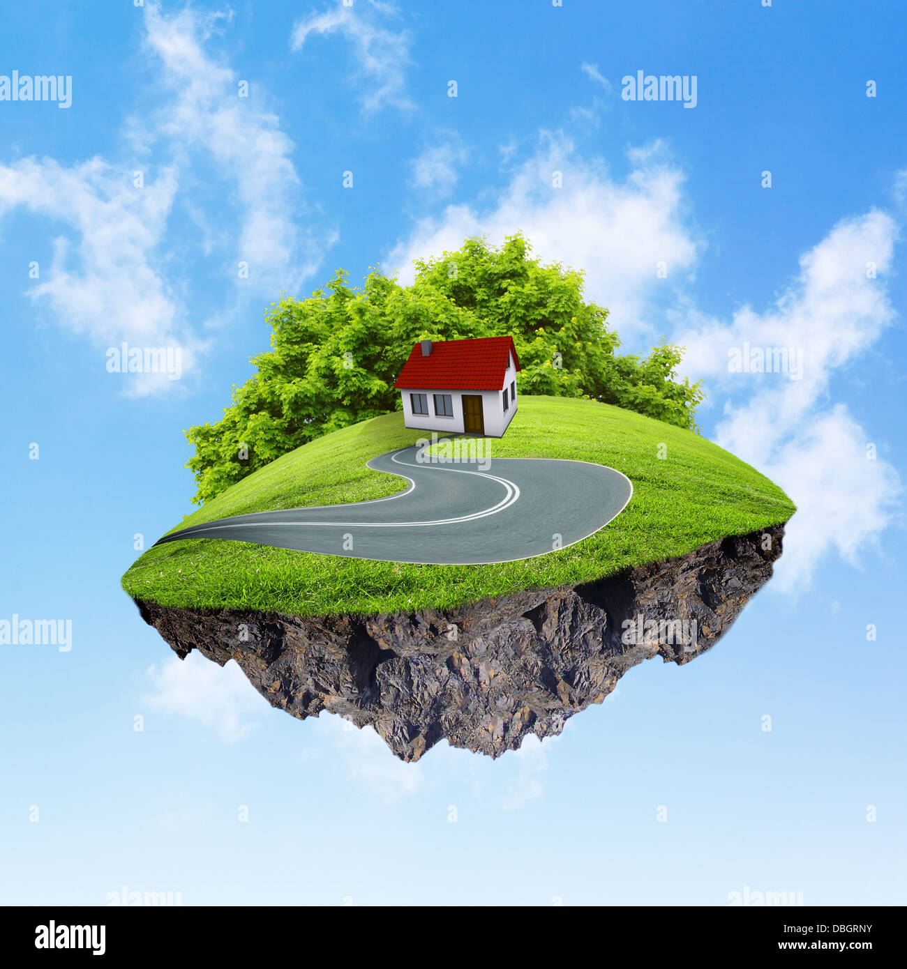 A piece of land in the air with house and tree Stock Photo - Alamy