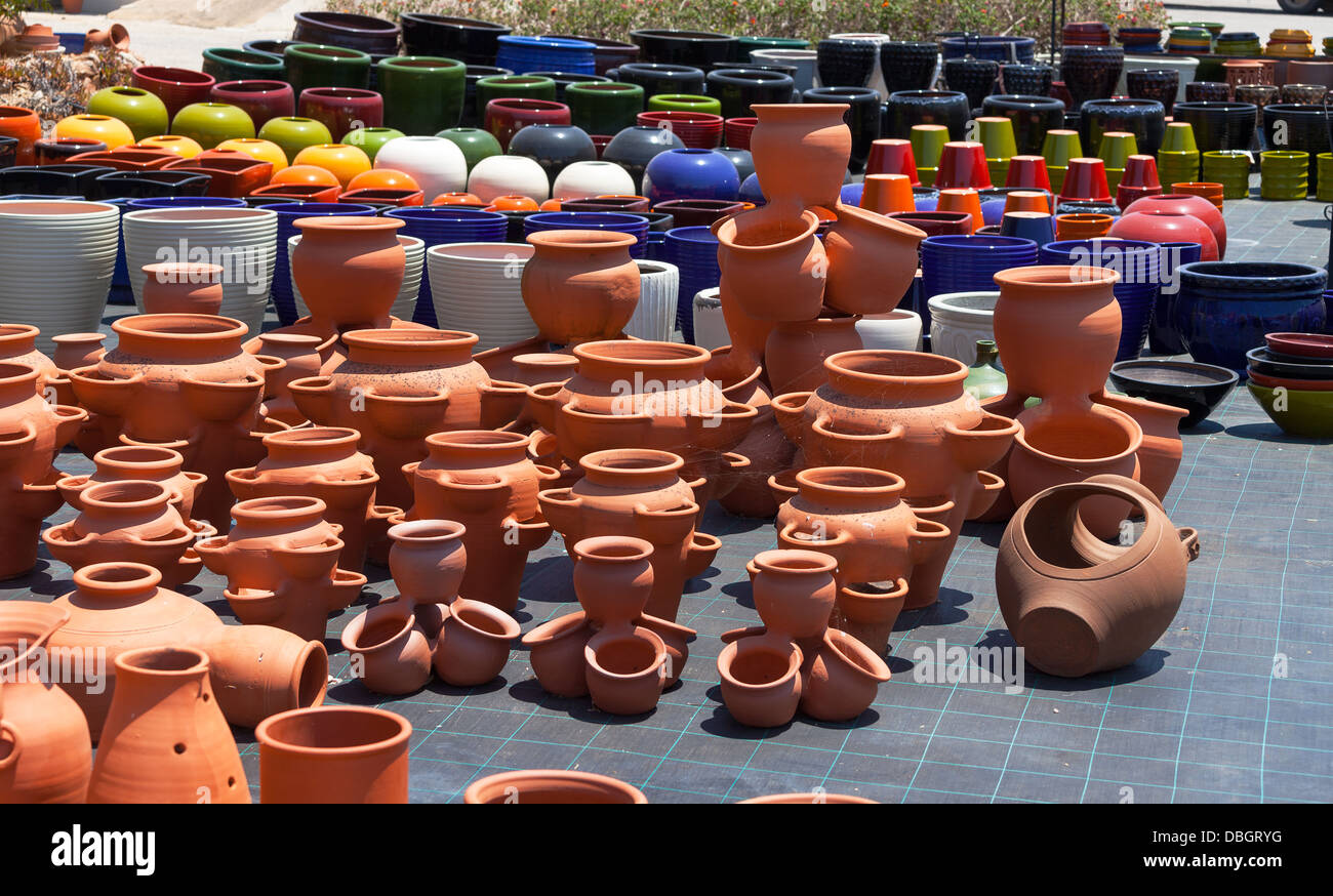 Colorful ceramic pots in market, sunny day Stock Photo - Alamy
