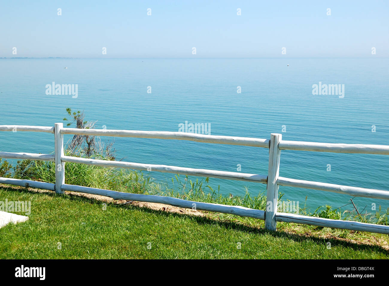 Sea view area with wooden fence at the modern luxury hotel, Pieria ...