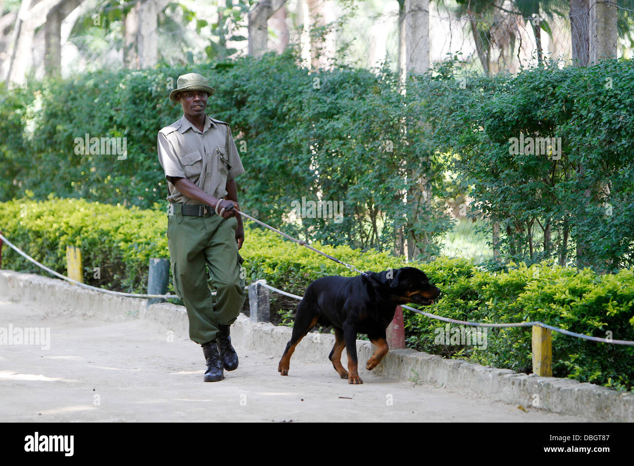 Armed guard with dog inside Shimo La Tewa Prison, Mombasa, Kenya Stock ...