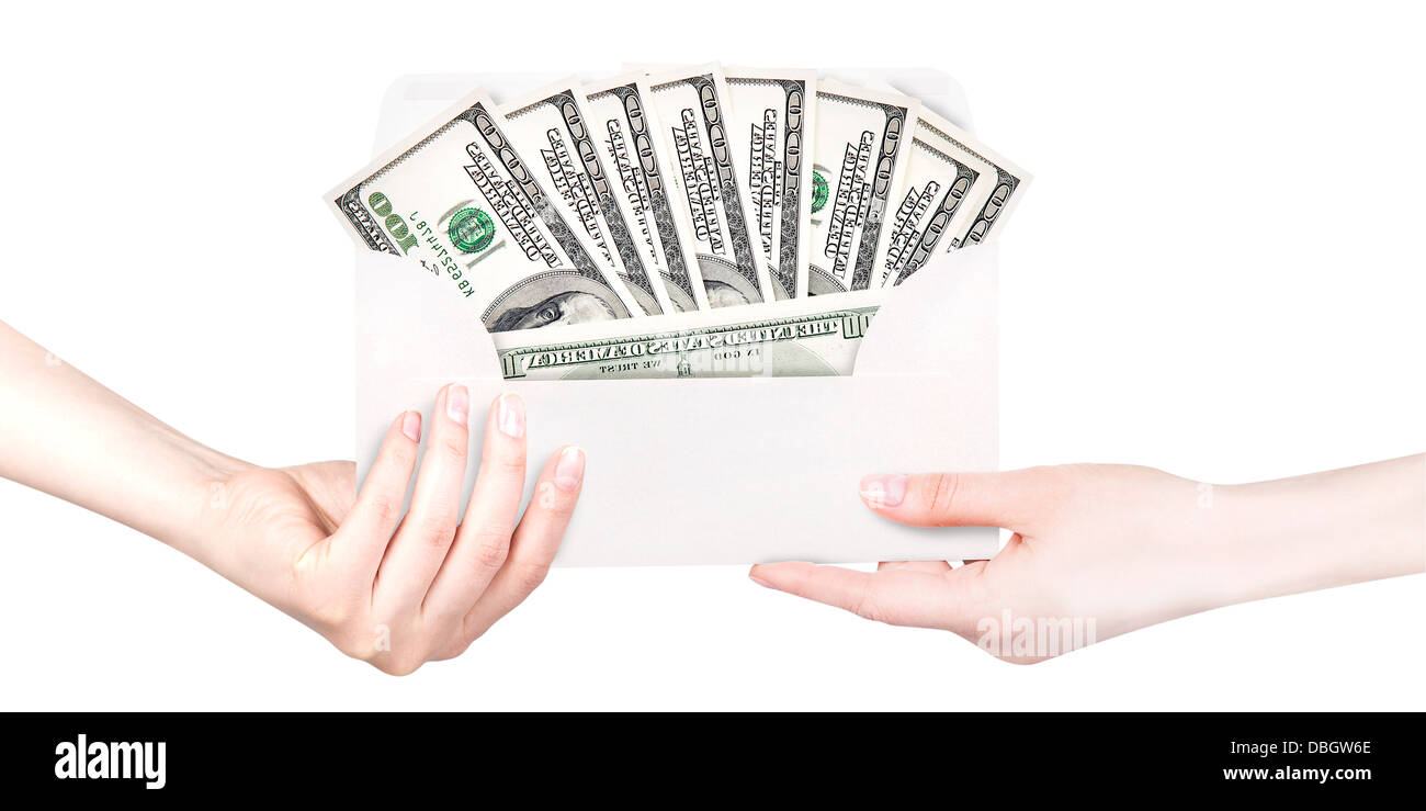Hand and money in envelope isolated on white background Stock Photo - Alamy