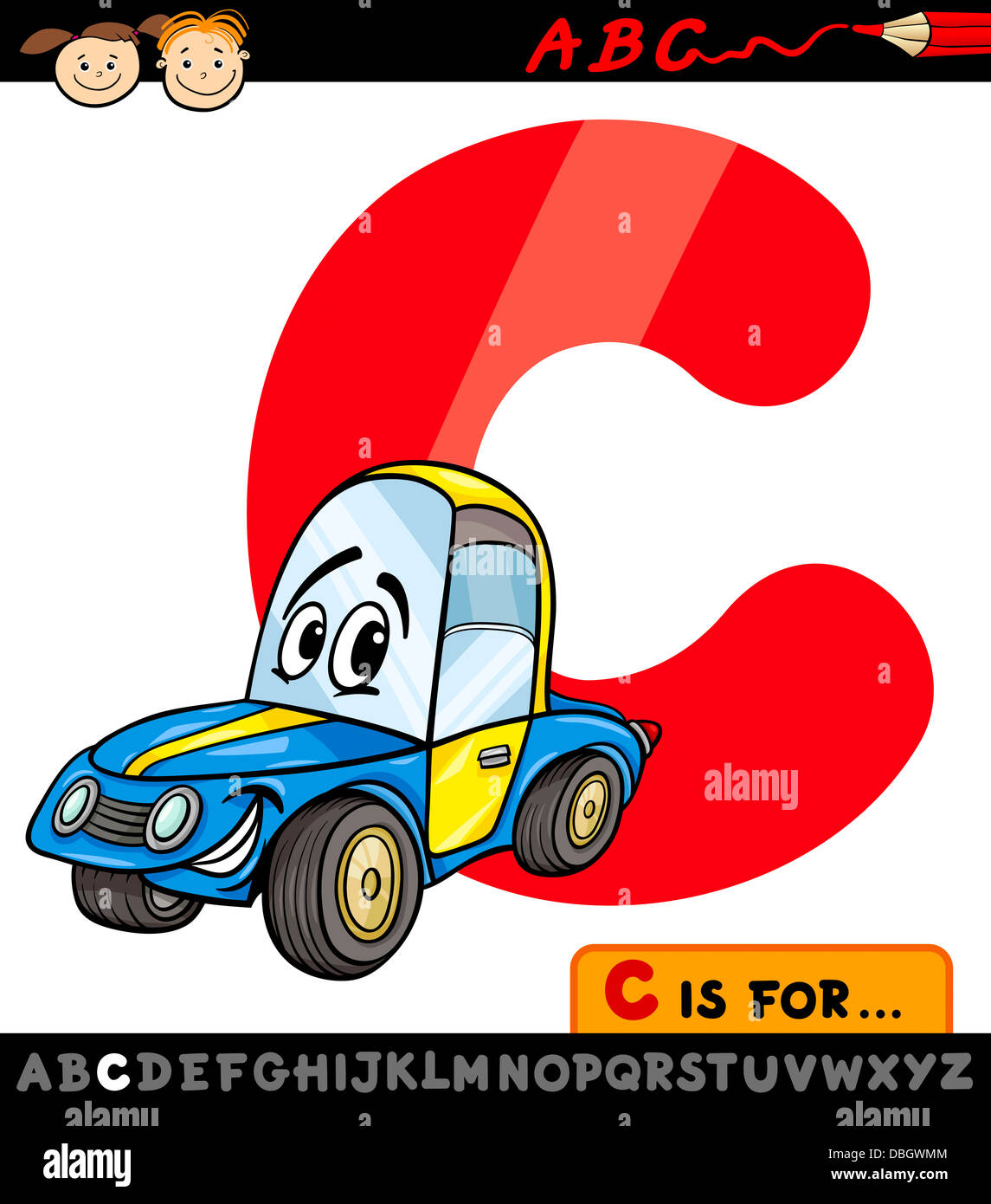 Cartoon Illustration of Capital Letter C from Alphabet with Car for ...