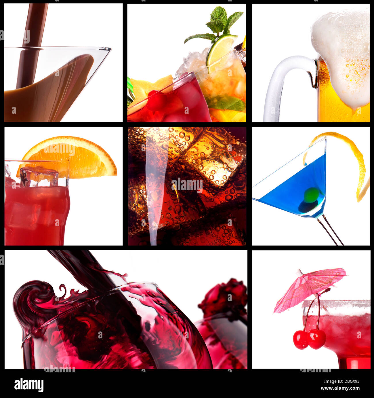 collage with alcohol cocktails - beer, martini, soda,cola,cocktail,wine ...