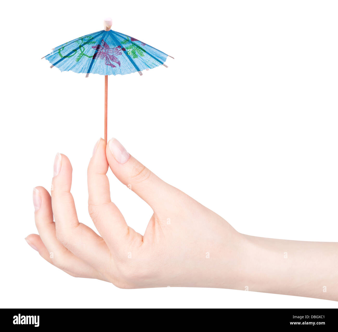 Cocktail Umbrella with human hand isolated against white background ...