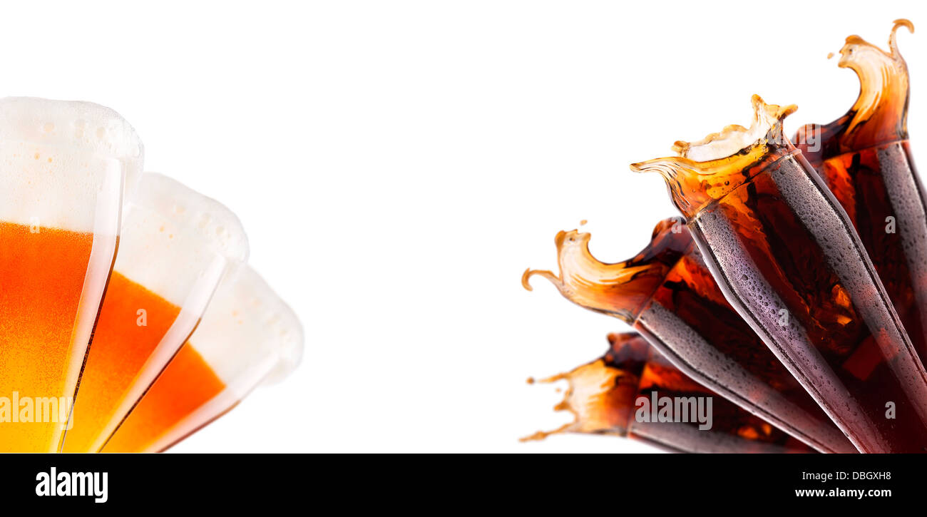 Fresh cola and beer background with splash isolated on a white Stock ...