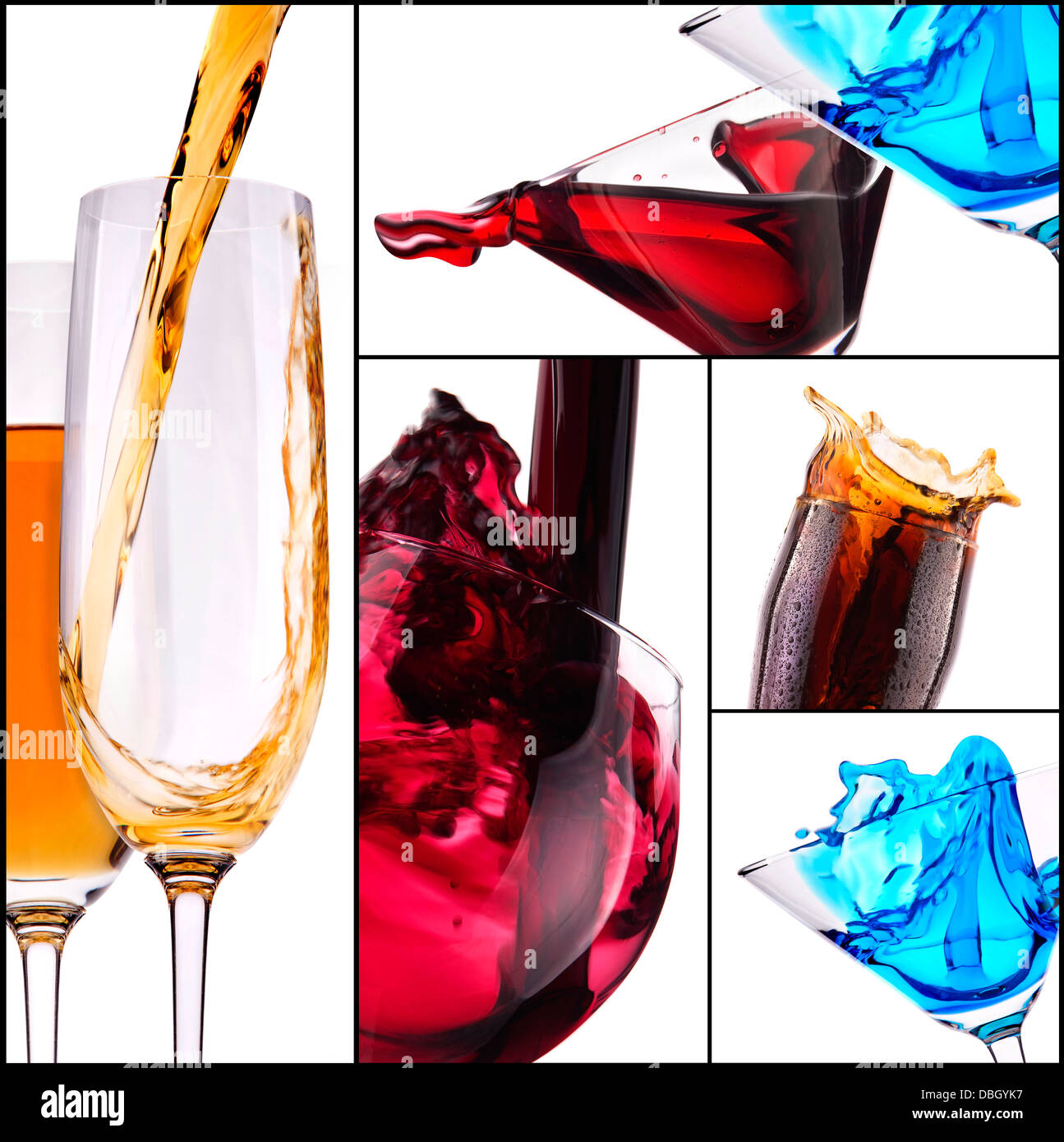 collage with alcohol cocktails - beer, martini, Curacao, soda ...