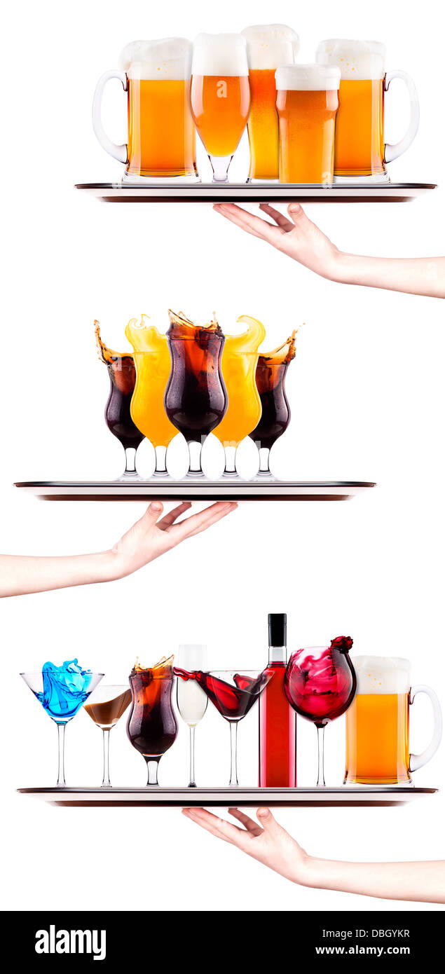 Set of different alcoholic drinks and cocktails - beer, martini, soda ...