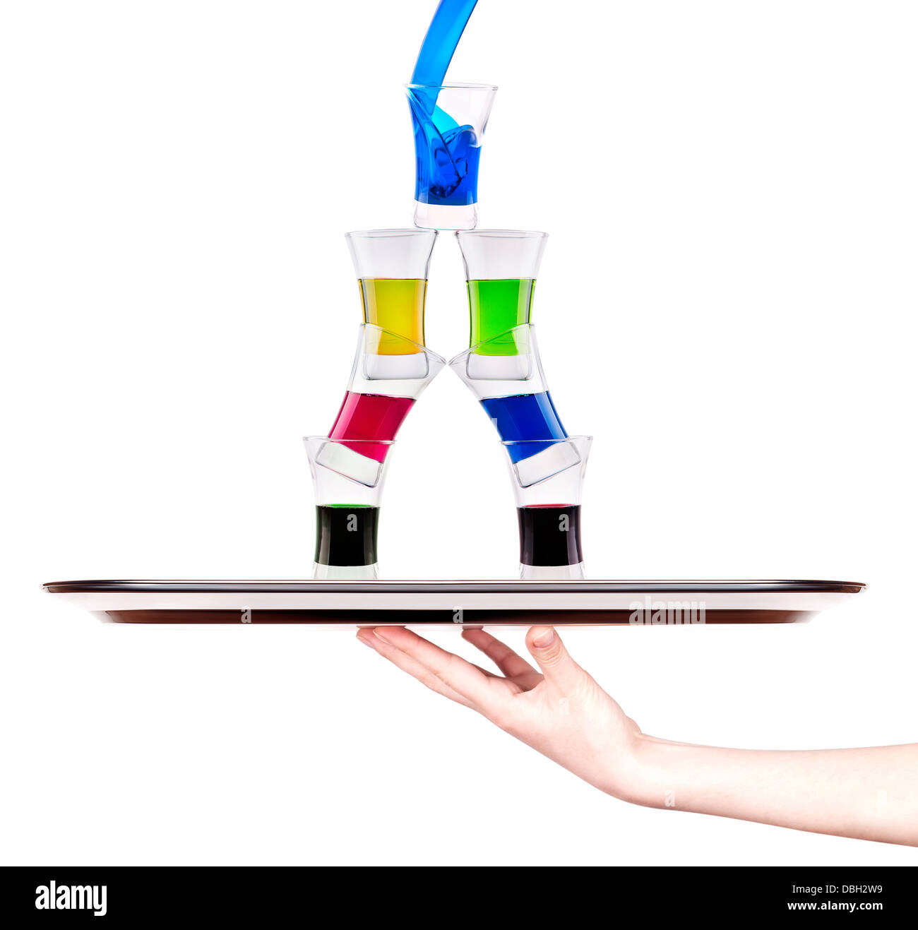 alcoholic shot cocktails stack on a tray with hand - red cosmopolitan ...