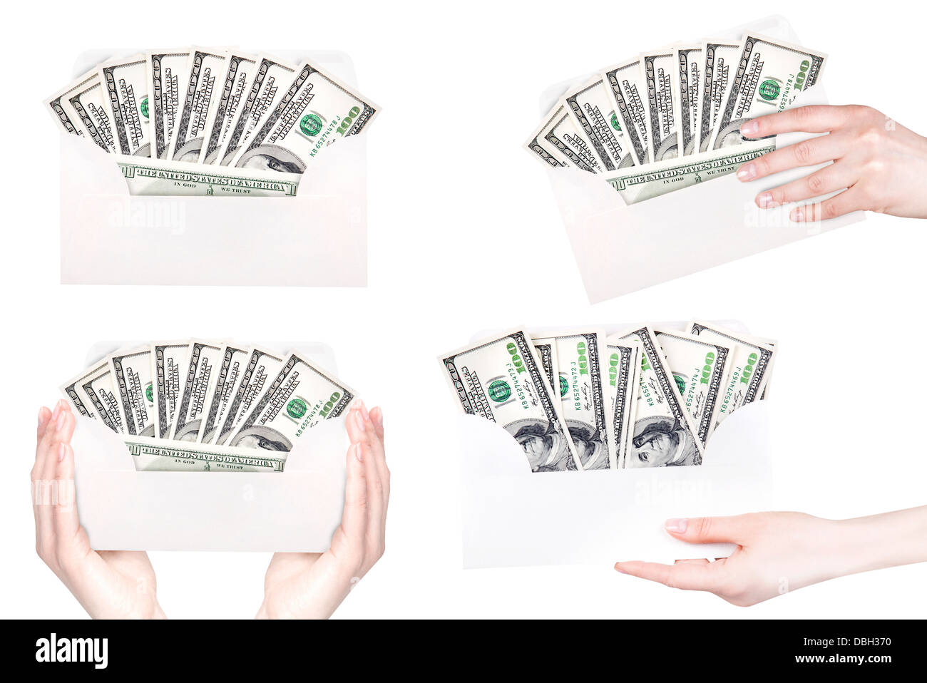 Hand and money in envelope isolated on white background Stock Photo - Alamy