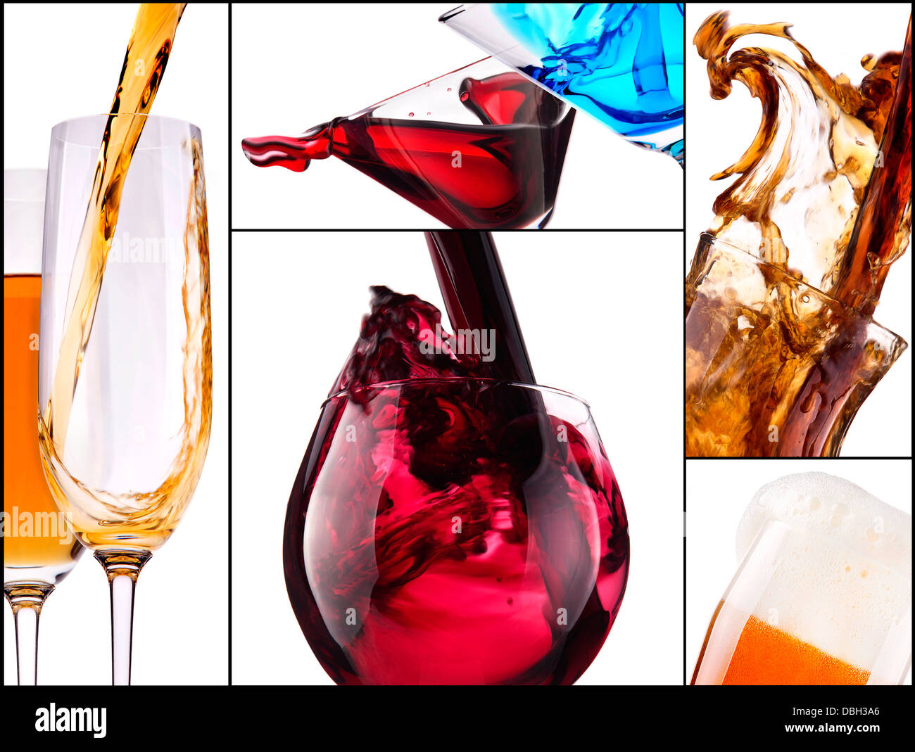 collage with alcohol cocktails - beer, martini, Curacao, soda ...