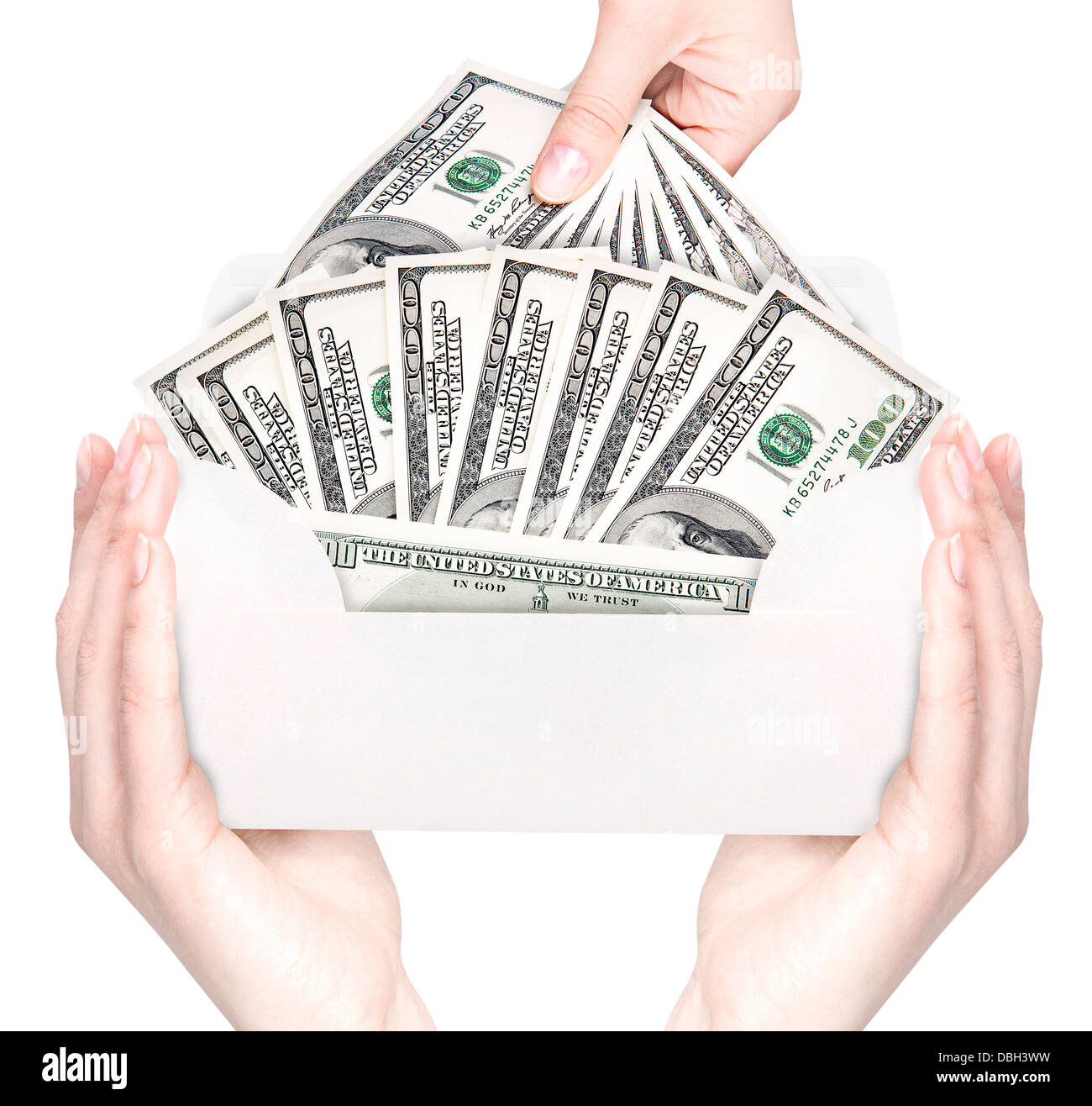 Hand and money in envelope isolated on white background Stock Photo - Alamy