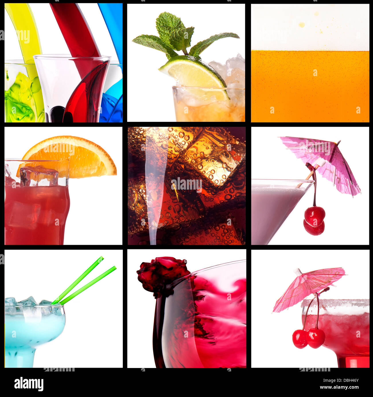 collage with alcohol cocktails - beer, martini, soda,cola,cocktail,wine ...