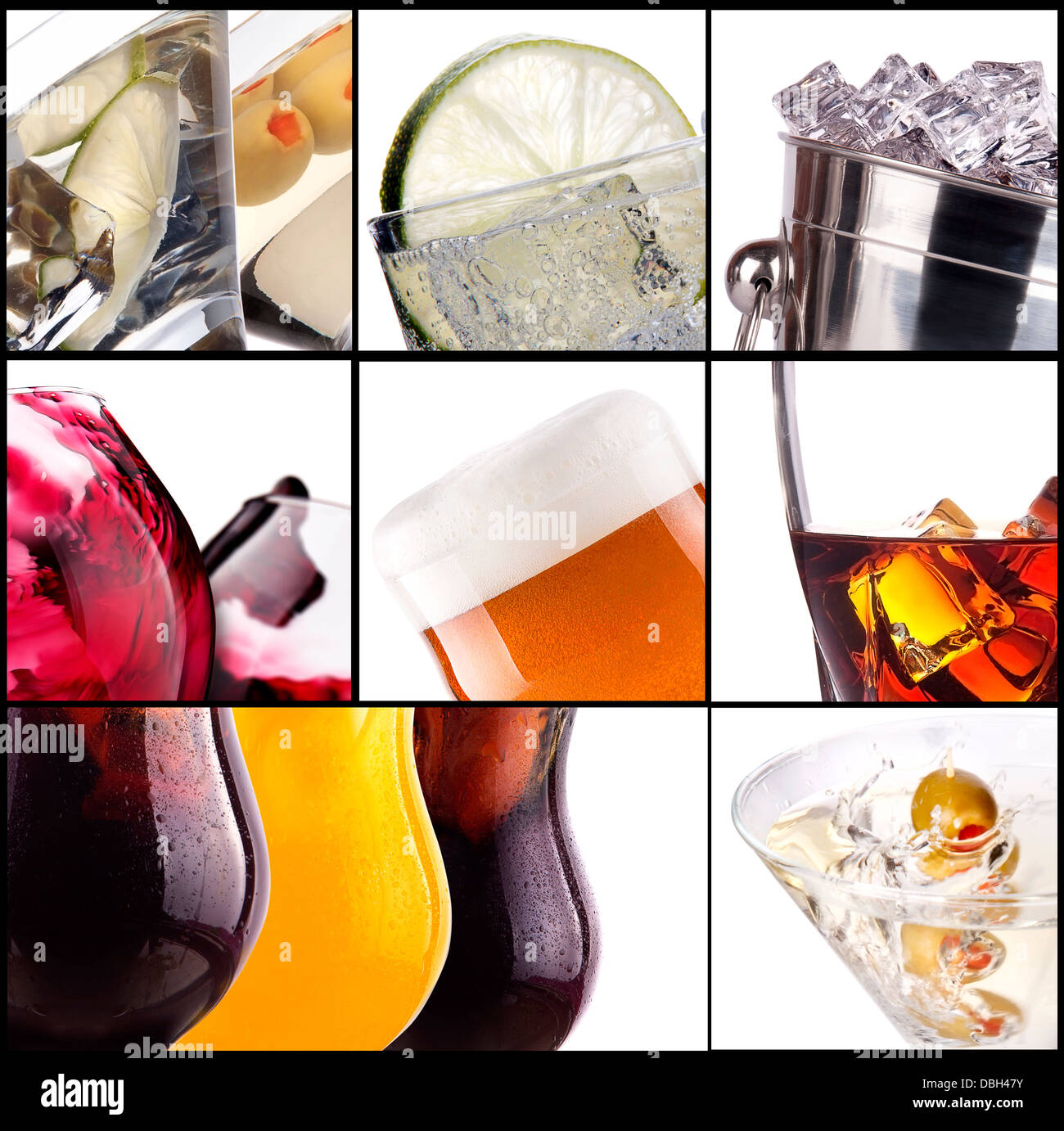 collage with alcohol cocktails - beer, martini, soda,cola,cocktail,wine ...