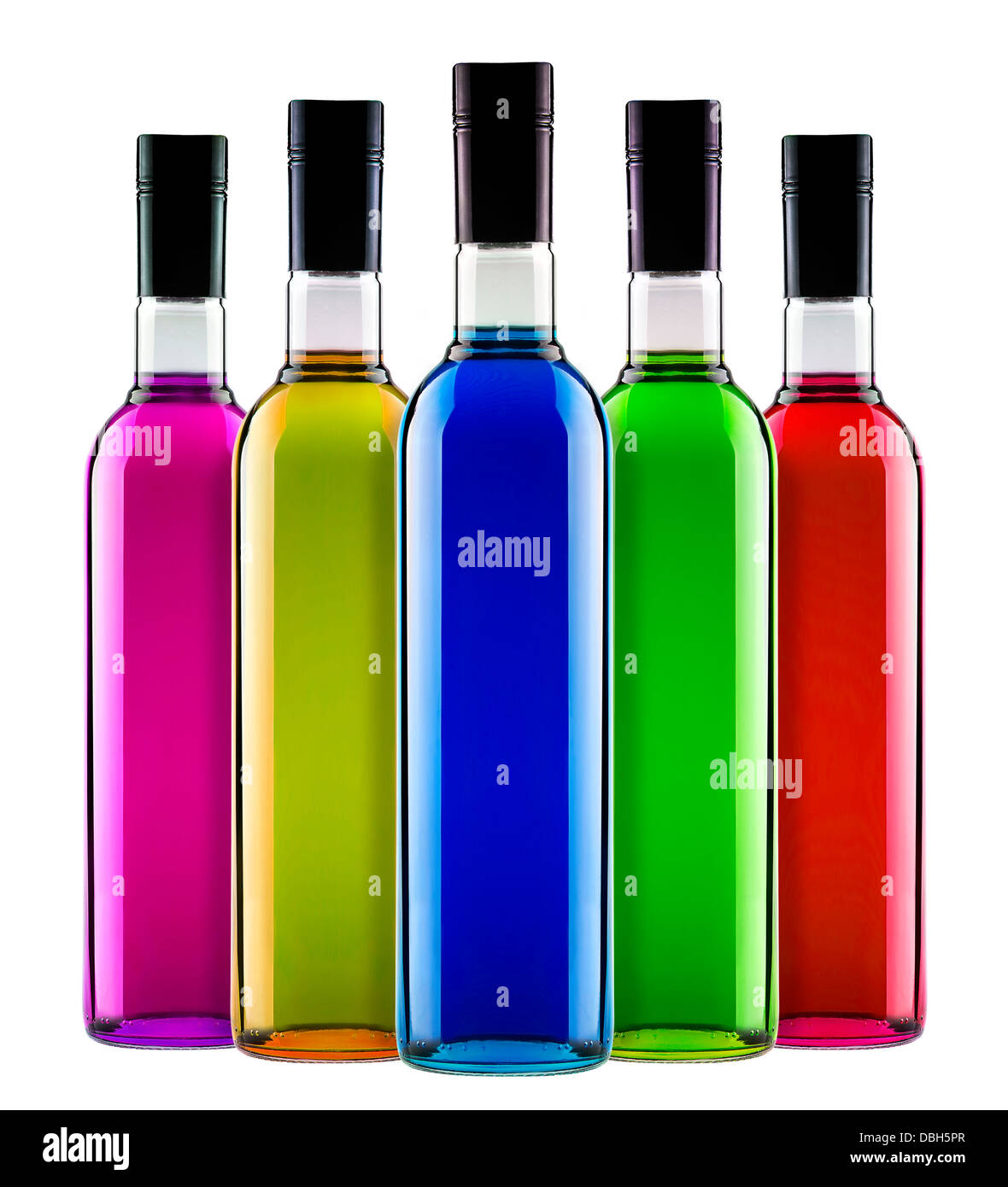 full bottles of different multicolored alcoholic cocktails isolated ...